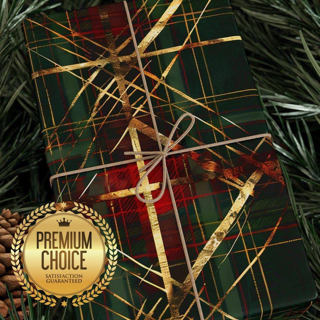 Festive Holiday Plaid Gift Wrapping Paper, Green Red and Gold Plaid ...