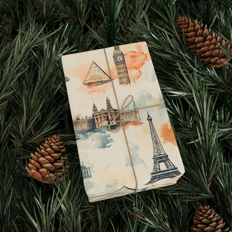 Travel Wrapping Paper Roll Landmarks Gift Wrap for Going Away ...