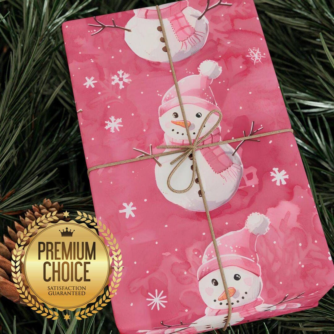 Cute Pink Snowman Wrapping Paper With Adorable Snowmen and Snowflakes ...