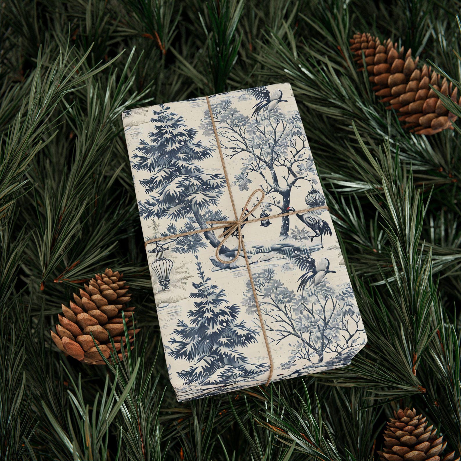 Blue Chinoiserie Toile Christmas Wrapping Paper Rolls, Winter Crane ...