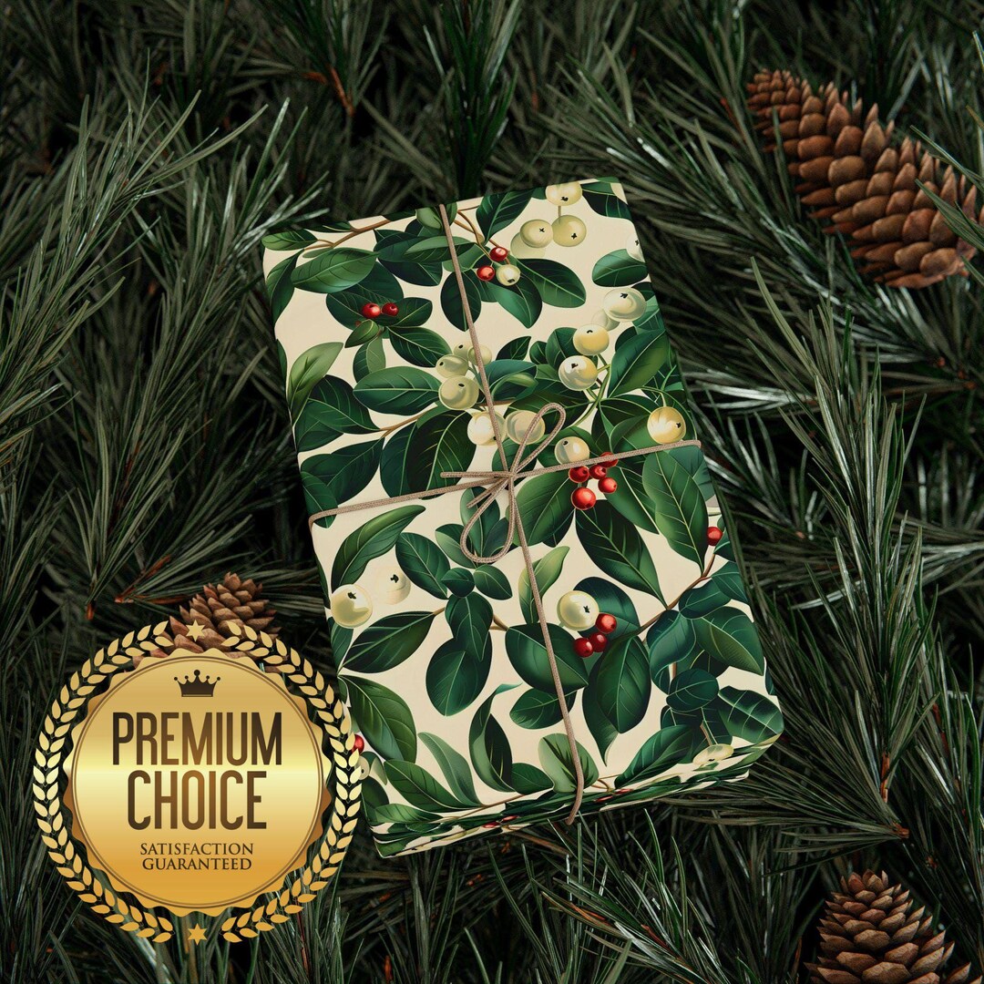 Holiday Berries and Mistletoe Wrapping Paper, Christmas Green Red and ...