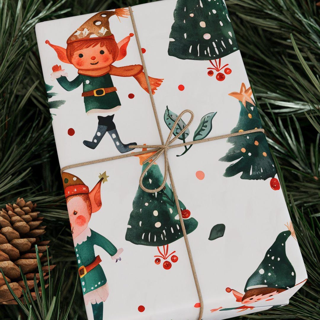 Watercolor Elf Wrapping Paper, Christmas Elf Gift Wrap, Holiday Elves ...