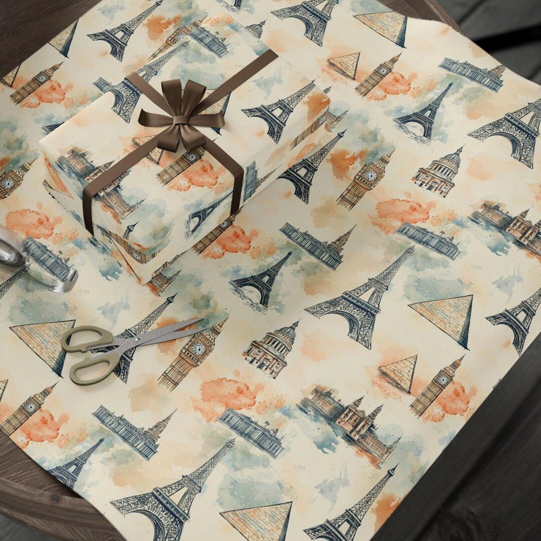 Travel Wrapping Paper Roll Landmarks Gift Wrap for Going Away ...