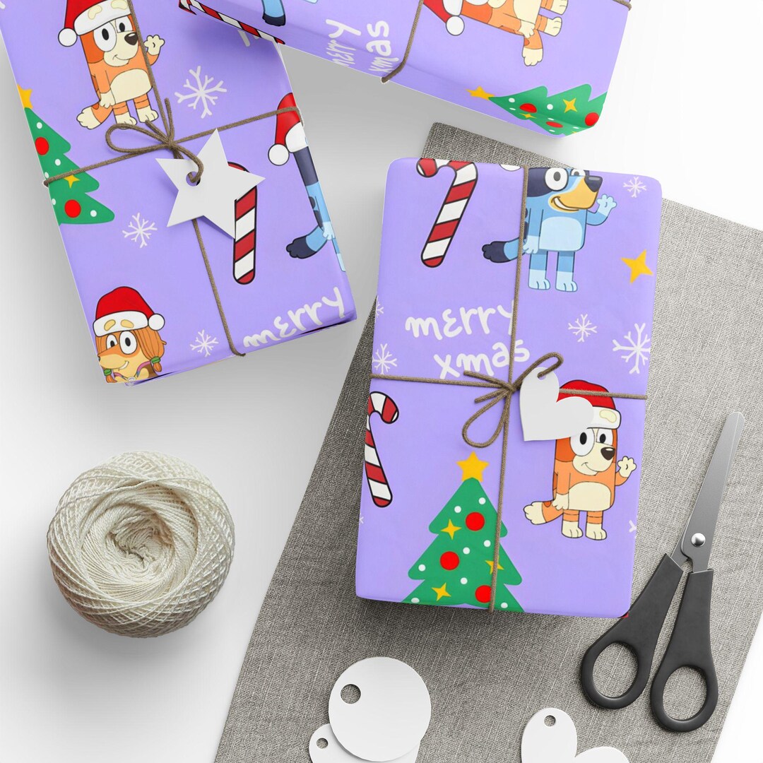 Bluey Characters and Candy Canes Christmas Wrapping Paper, Lavender ...