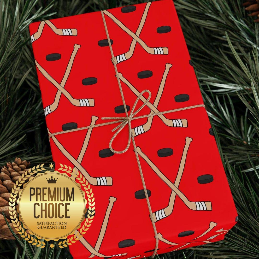 Red Hockey Wrapping Paper, Hocky Stick and Puck Gift Wrap for Birthdays ...