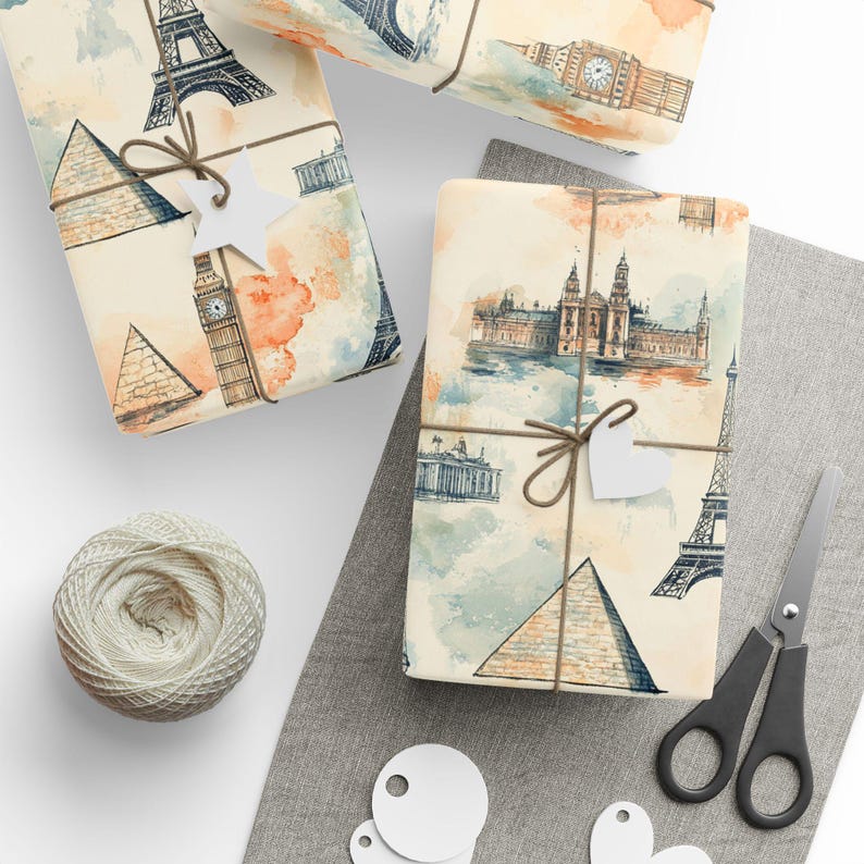 Travel Wrapping Paper Roll Landmarks Gift Wrap for Going Away ...