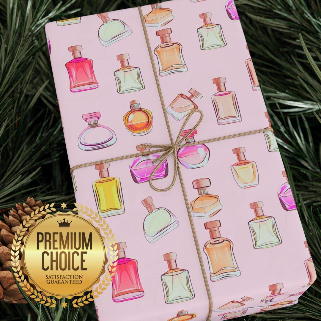 Pastel Pink Perfume Bottles Wrapping Paper, Glamorous Birthday Gift ...