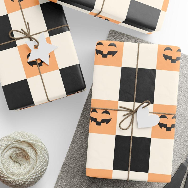 Checkerboard Pumpkin Wrapping Paper Roll Halloween Gift Wrap Peach ...