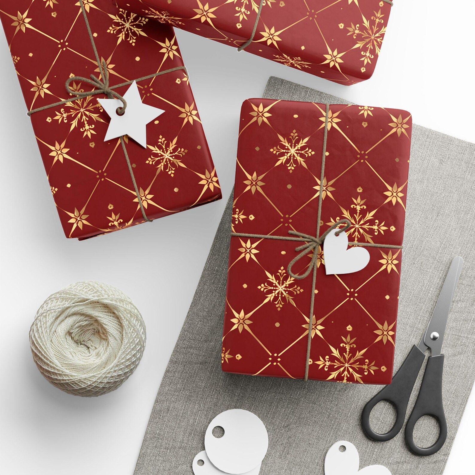 Crimson & Gold Christmas Wrapping Paper With Ornate Snowflakes, Elegant ...