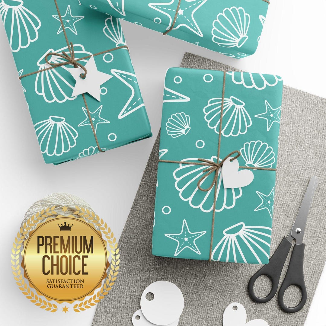 Seashell Wrapping Paper, Blue Seashell Gift Wrap, Starfish Wrapping ...