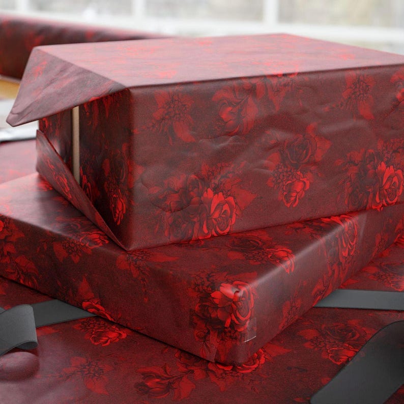 Gothic Red Rose Halloween Wrapping Paper Roll for Goth Birthday ...