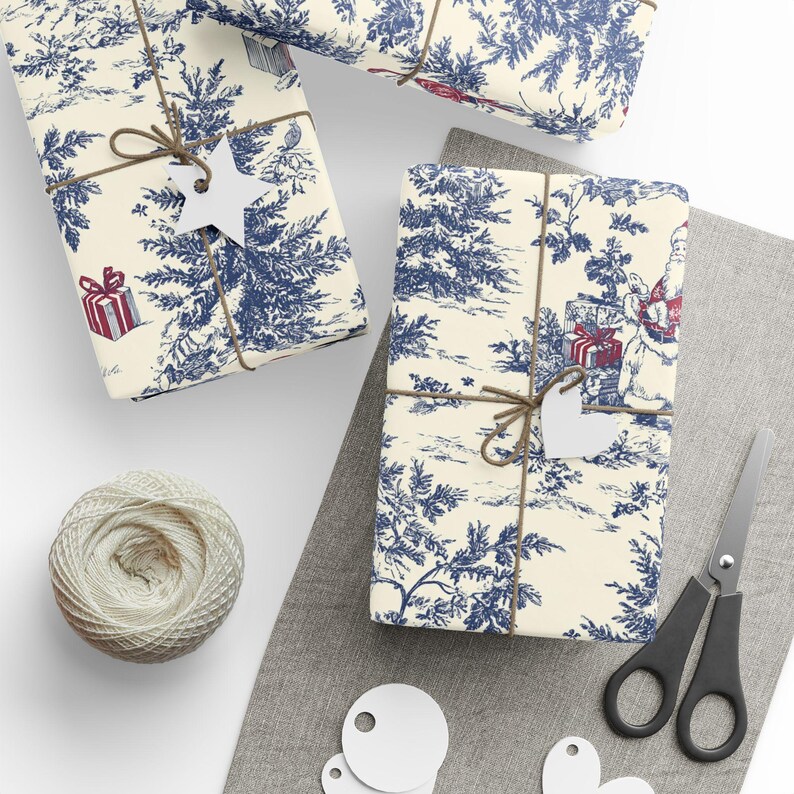 Chinoiserie Christmas Toile Gift Wrap With Vintage Santa, Holiday Trees ...