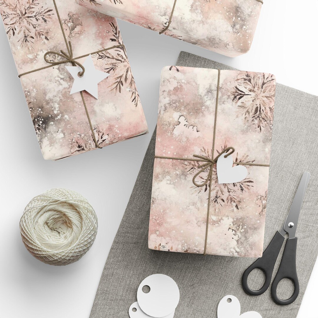Christmas Snowflakes Wrapping Paper, Blush Taupe Watercolor Gift Wrap ...