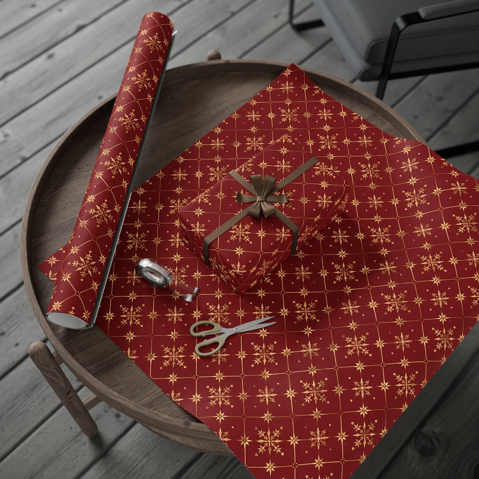 Crimson & Gold Christmas Wrapping Paper With Ornate Snowflakes, Elegant ...