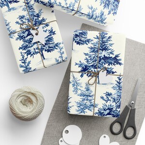 Blue Toile Christmas Wrapping Paper Featuring Snowy Pine Trees for ...