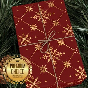 Crimson & Gold Christmas Wrapping Paper With Ornate Snowflakes, Elegant ...