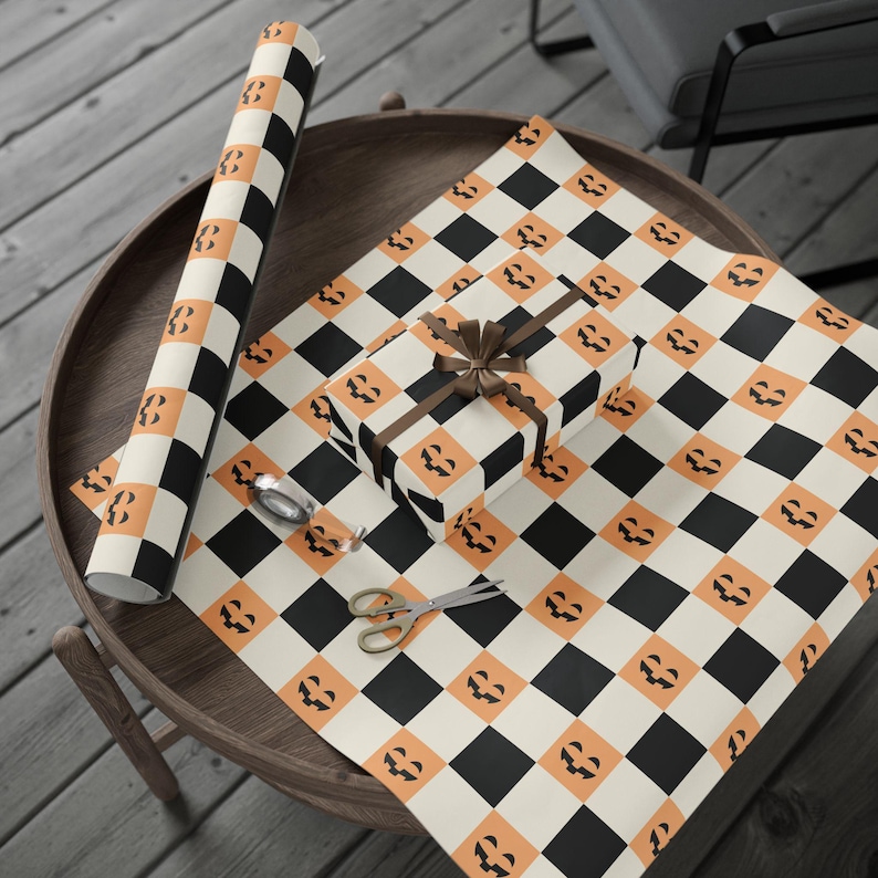 Checkerboard Pumpkin Wrapping Paper Roll Halloween Gift Wrap Peach ...
