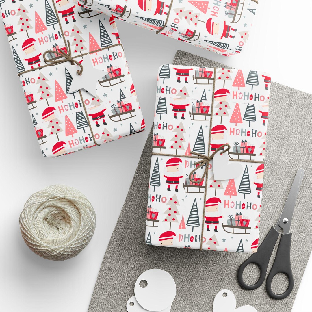 Christmas Wrapping Paper Santa With Sled Ho Ho Ho Trees Pink and Gray ...