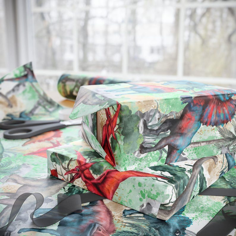 Dinosaur Gift Wrapping Paper, Prehistoric Dinos Giftwrap for Birthdays ...