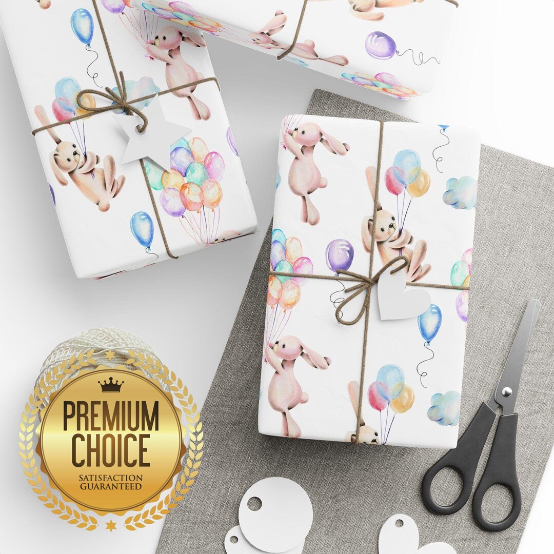 Rabbit With Balloons Wrapping Paper, Adorable Rabbit Watercolor Gift ...