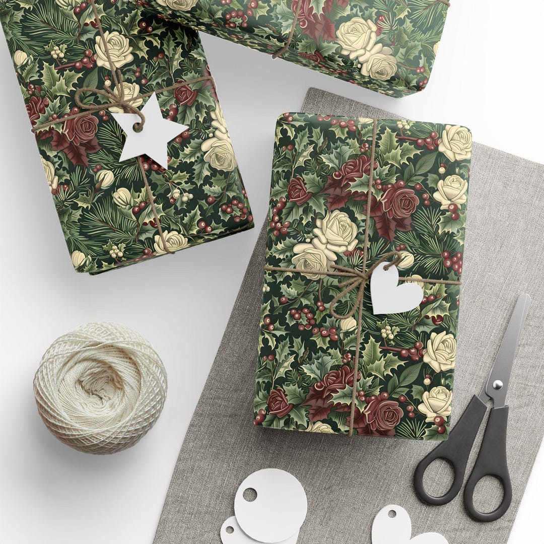 Victorian Christmas Wrapping Paper: Holly, Roses, Dark Green Floral ...