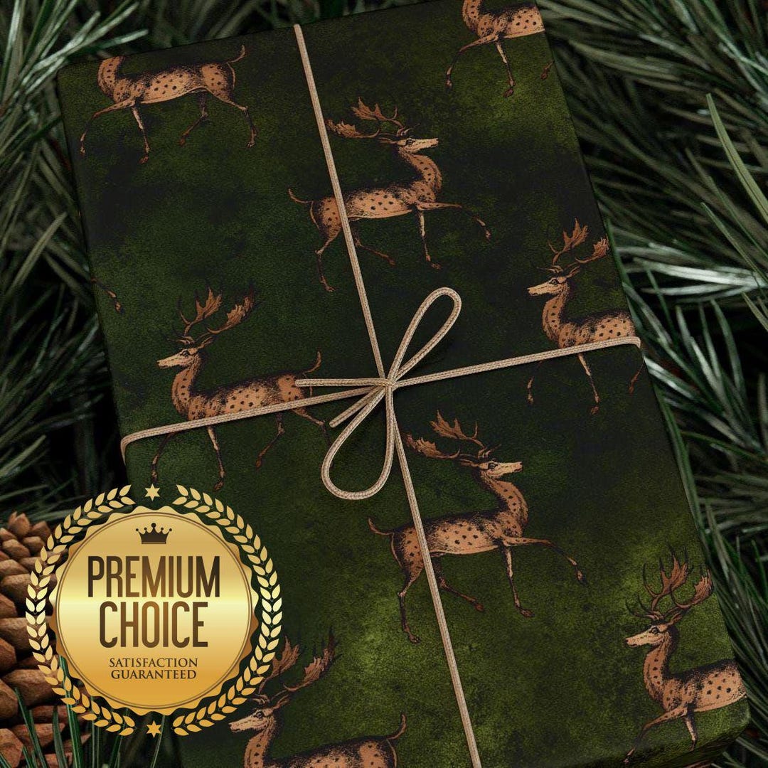 Stag Christmas Gift Wrapping Paper, Green Reindeer Christmas Giftwrap ...