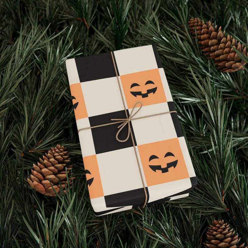 Checkerboard Pumpkin Wrapping Paper Roll Halloween Gift Wrap Peach ...