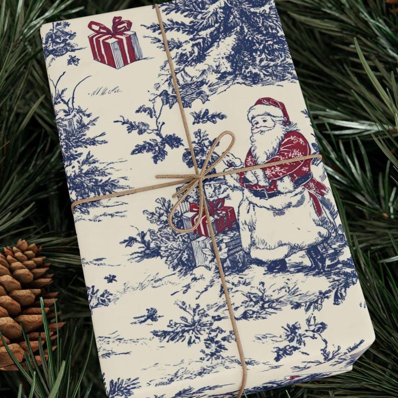 Chinoiserie Christmas Toile Gift Wrap With Vintage Santa, Holiday Trees ...