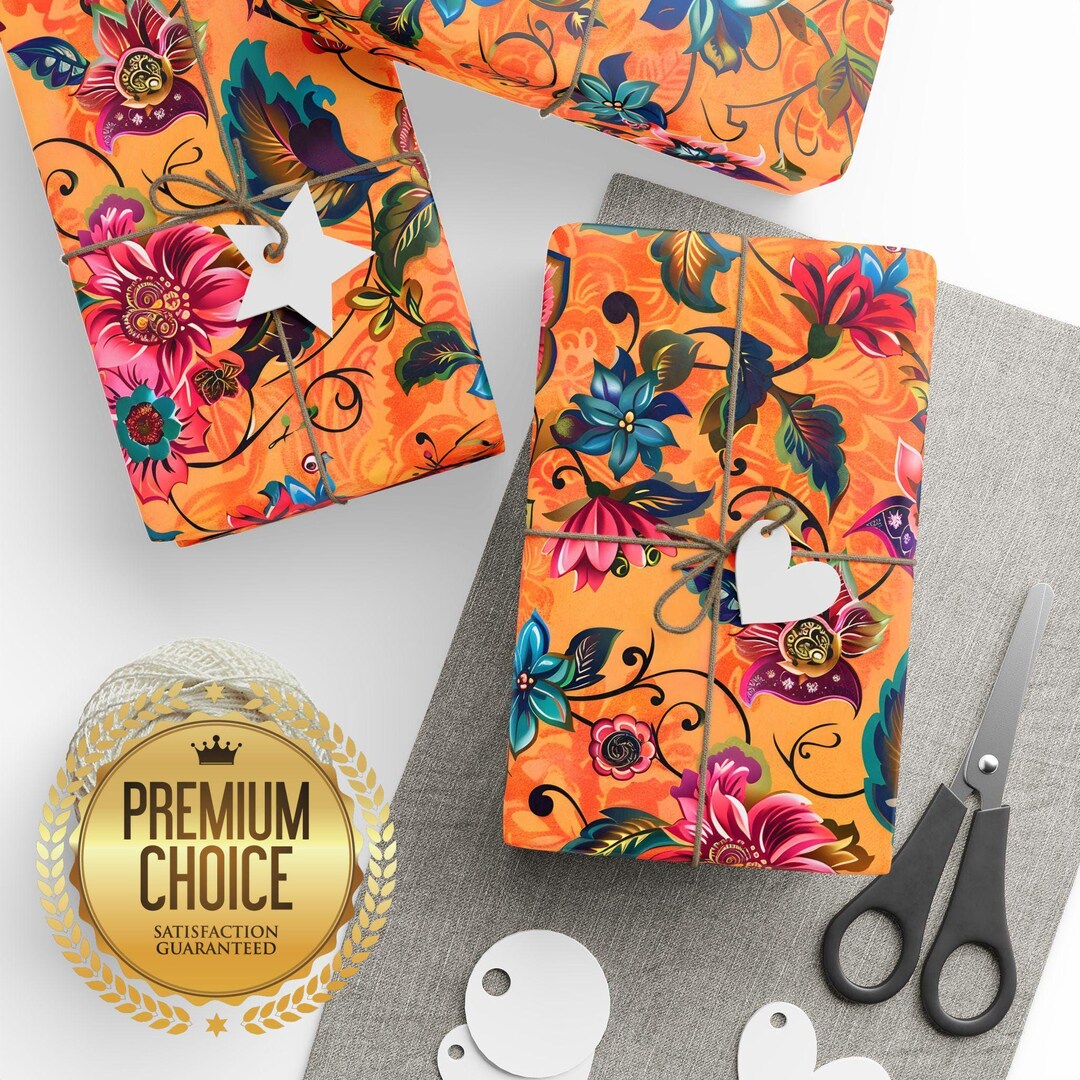 Orange Indian Bollywood Inspired Gift Wrap, Indian Floral Wrapping ...