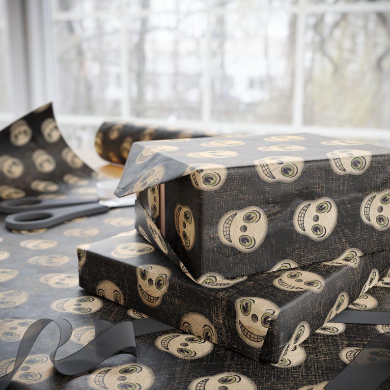 Vintage Skull Wrapping Paper Roll Halloween Gift Wrap Creepy Cute ...