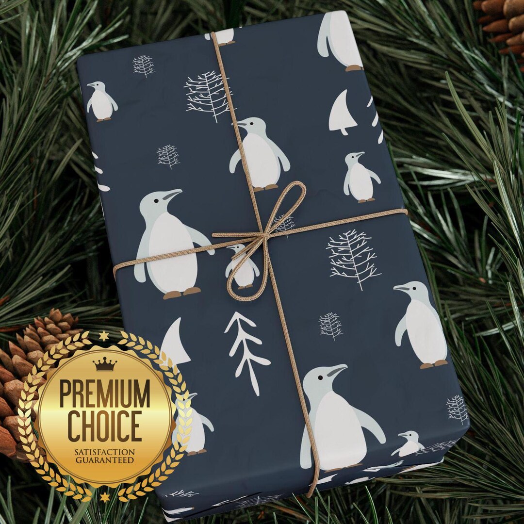 Blue and White Penguin Wrapping Paper, Winter Arctic Penguin Gift Wrap ...