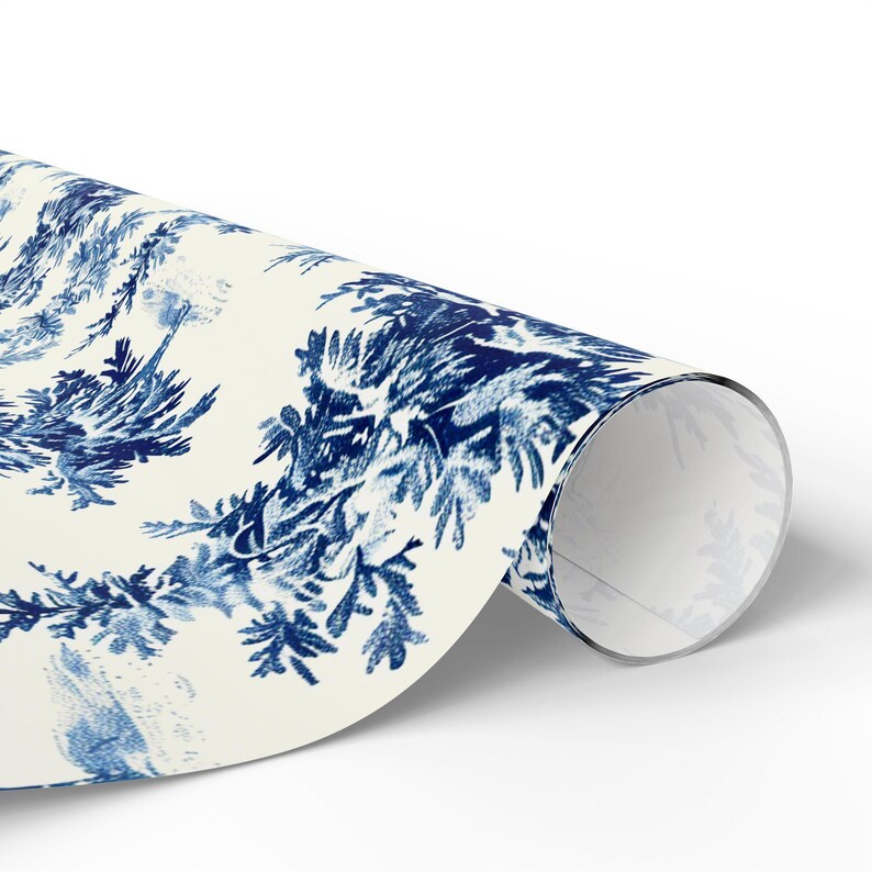 Blue Toile Christmas Wrapping Paper Featuring Snowy Pine Trees for ...