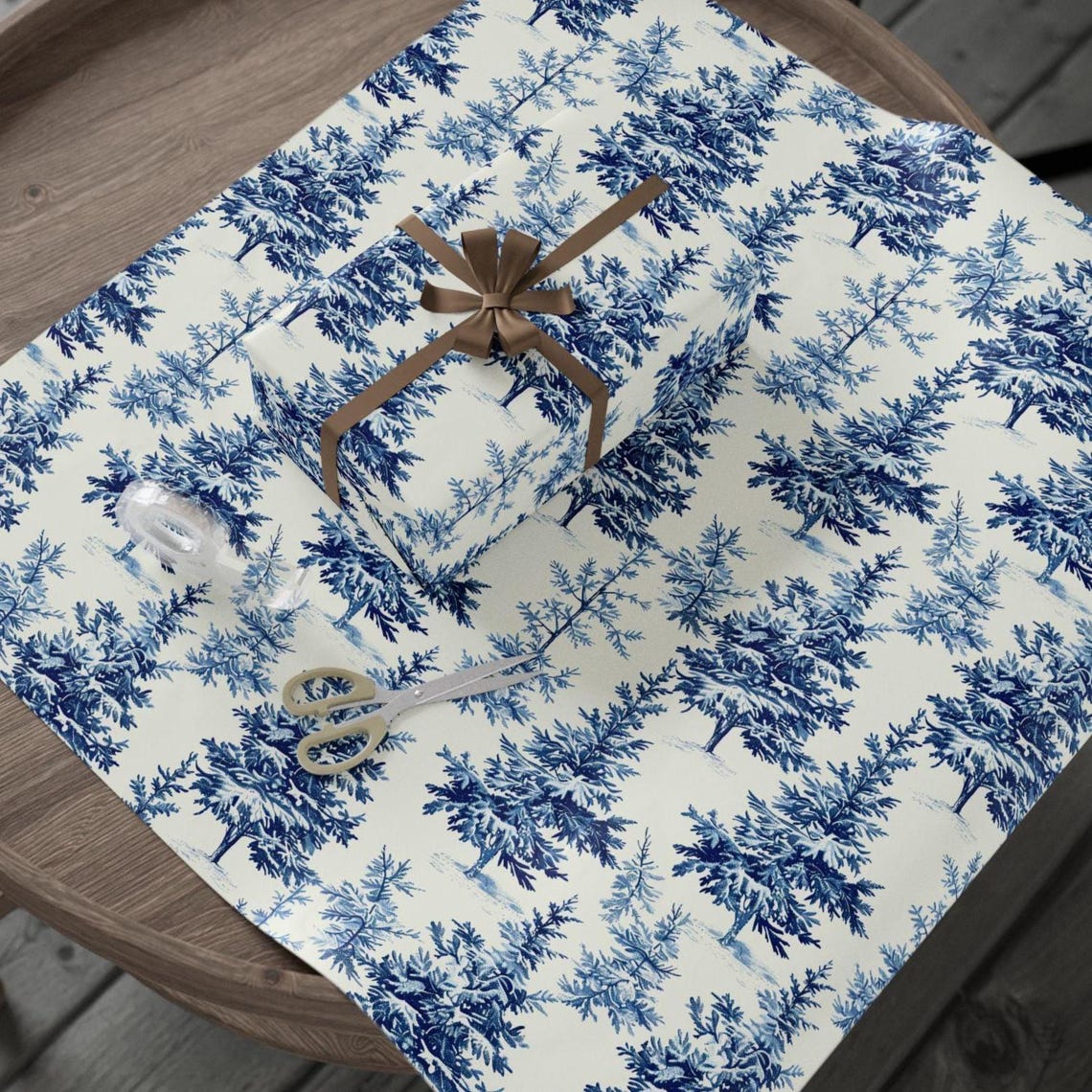 Blue Toile Christmas Wrapping Paper Featuring Snowy Pine Trees for ...