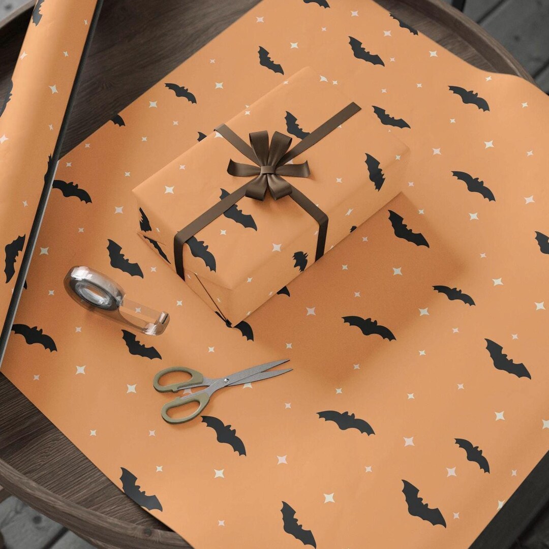 Orange Bat Halloween Wrapping Paper Roll Peach Black Bat Gift Wrap Cute ...