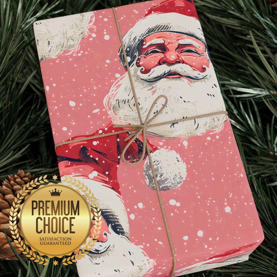 Pink Santa Wrapping Paper - Vintage Block Style Santa Claus Gift Wrap ...