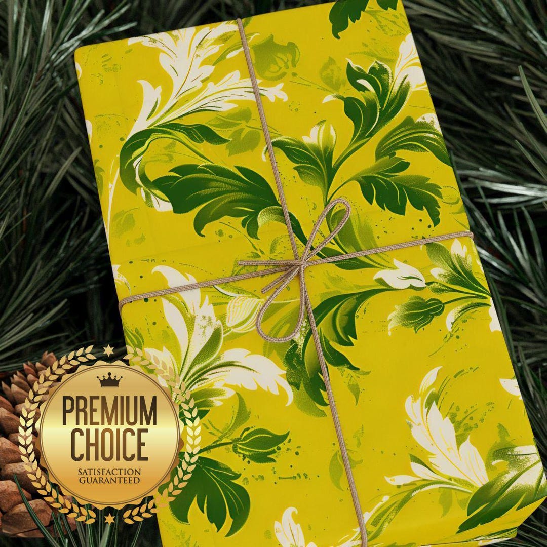 Chartreuse and Green Floral Leaf Wrapping Paper for Birthdays ...
