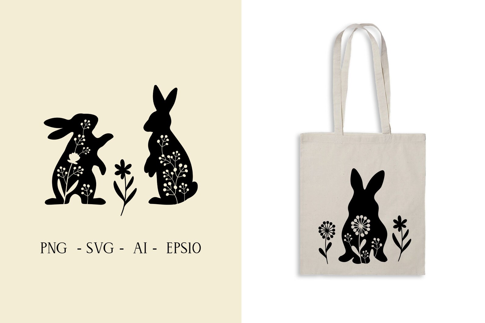 Folk Decor Rabbits SVG, Easter Rabbit Silhouettes SVG, Rabbit Png ...