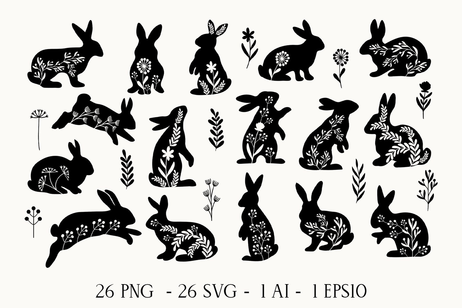 Folk Decor Rabbits SVG, Easter Rabbit Silhouettes SVG, Rabbit Png ...