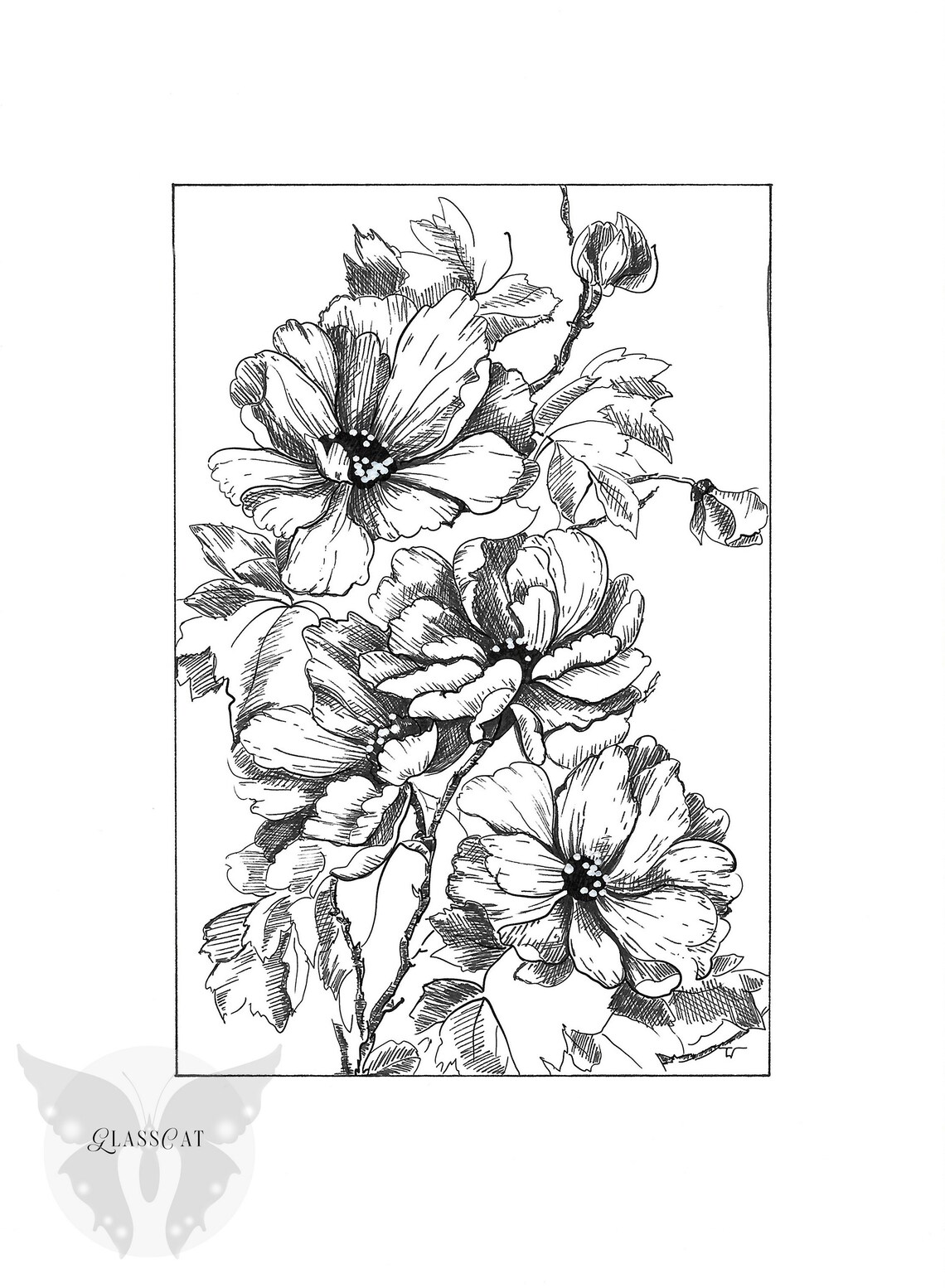 Flower Ink Drawing, Original Art, Hand Drawn by Flowers, Black and ...
