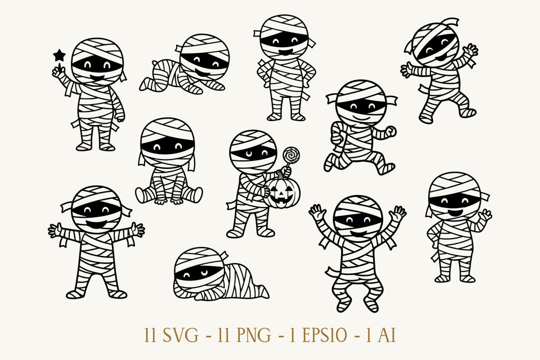 Cute Halloween Mummies SVG, Funny Holiday Set Mummy PNG, Cartoon ...