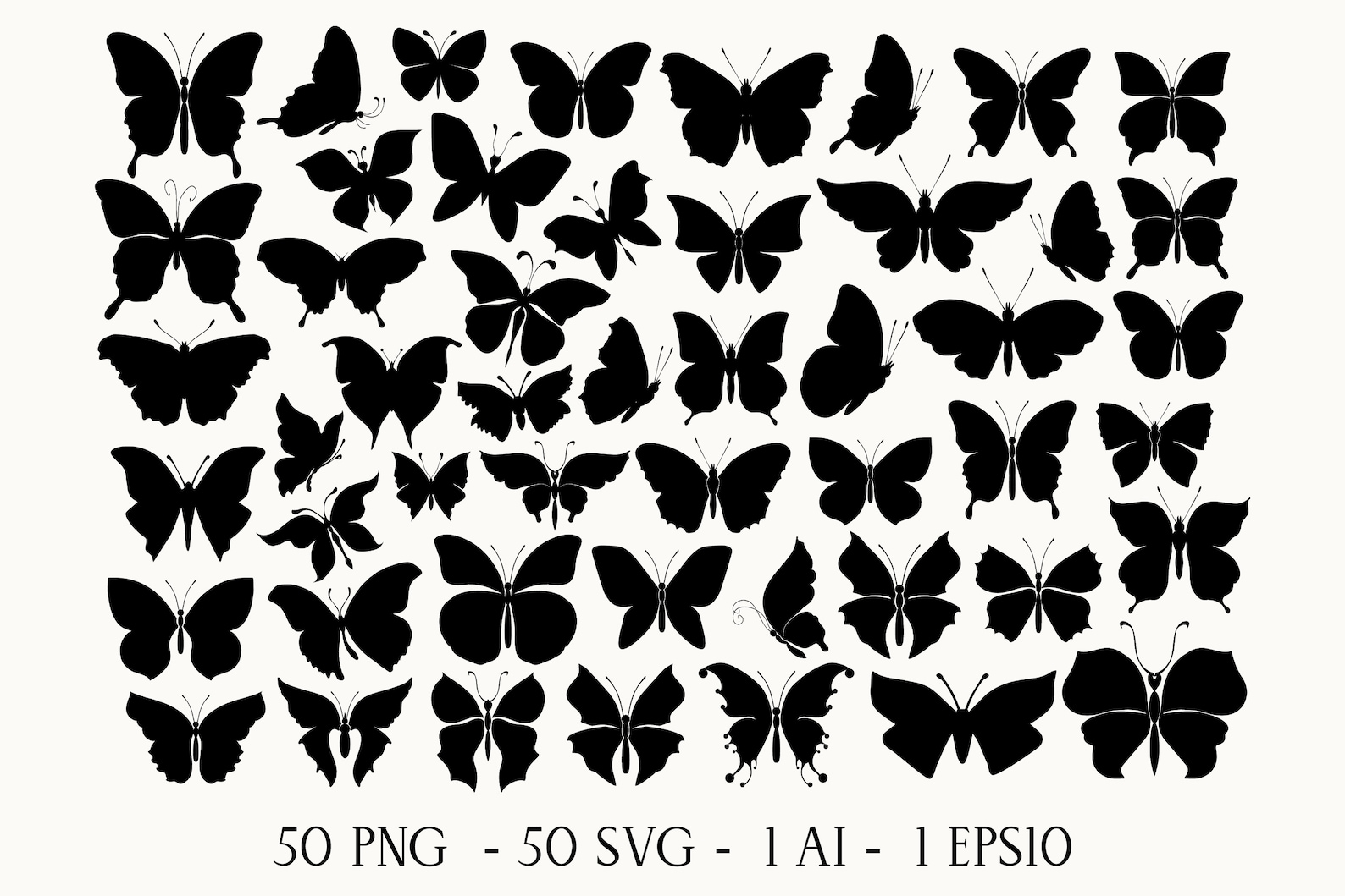 Black Butterfly Clipart, 50 Butterfly Silhouettes SVG, Hand Drawn ...