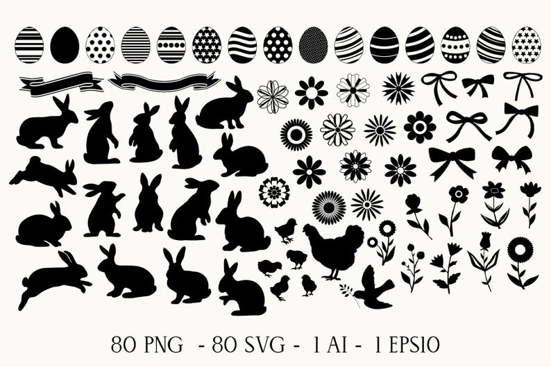 80 Easter Clipart Silhouettes SVG, Rabbit Silhouettes Clipart, Flowers ...