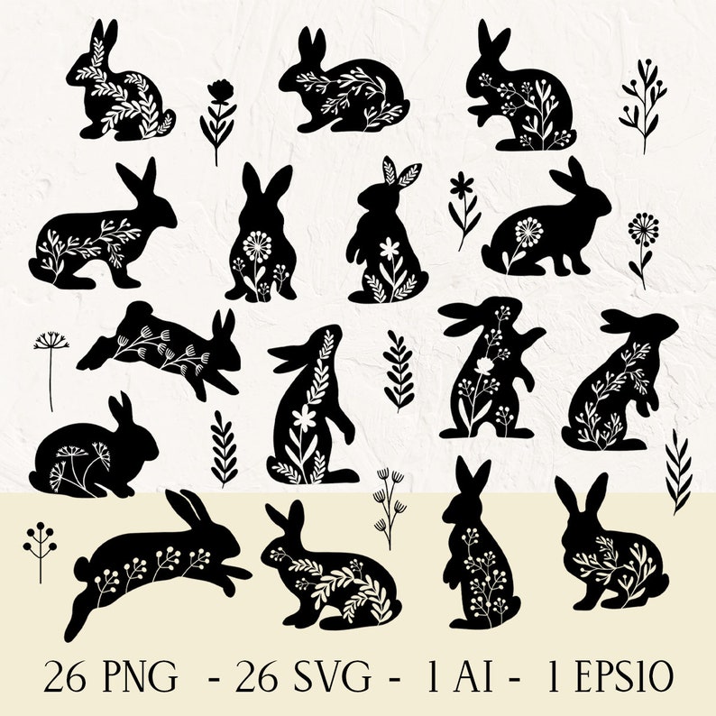 Folk Decor Rabbits SVG, Easter Rabbit Silhouettes SVG, Rabbit Png ...