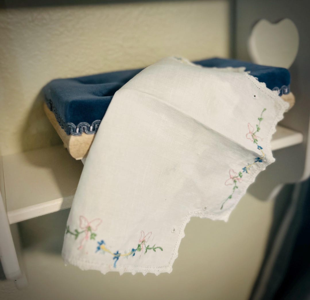 Vintage Linen Hanky Embroidered Edge - Cross Shaped - 11” Pink Blue ...