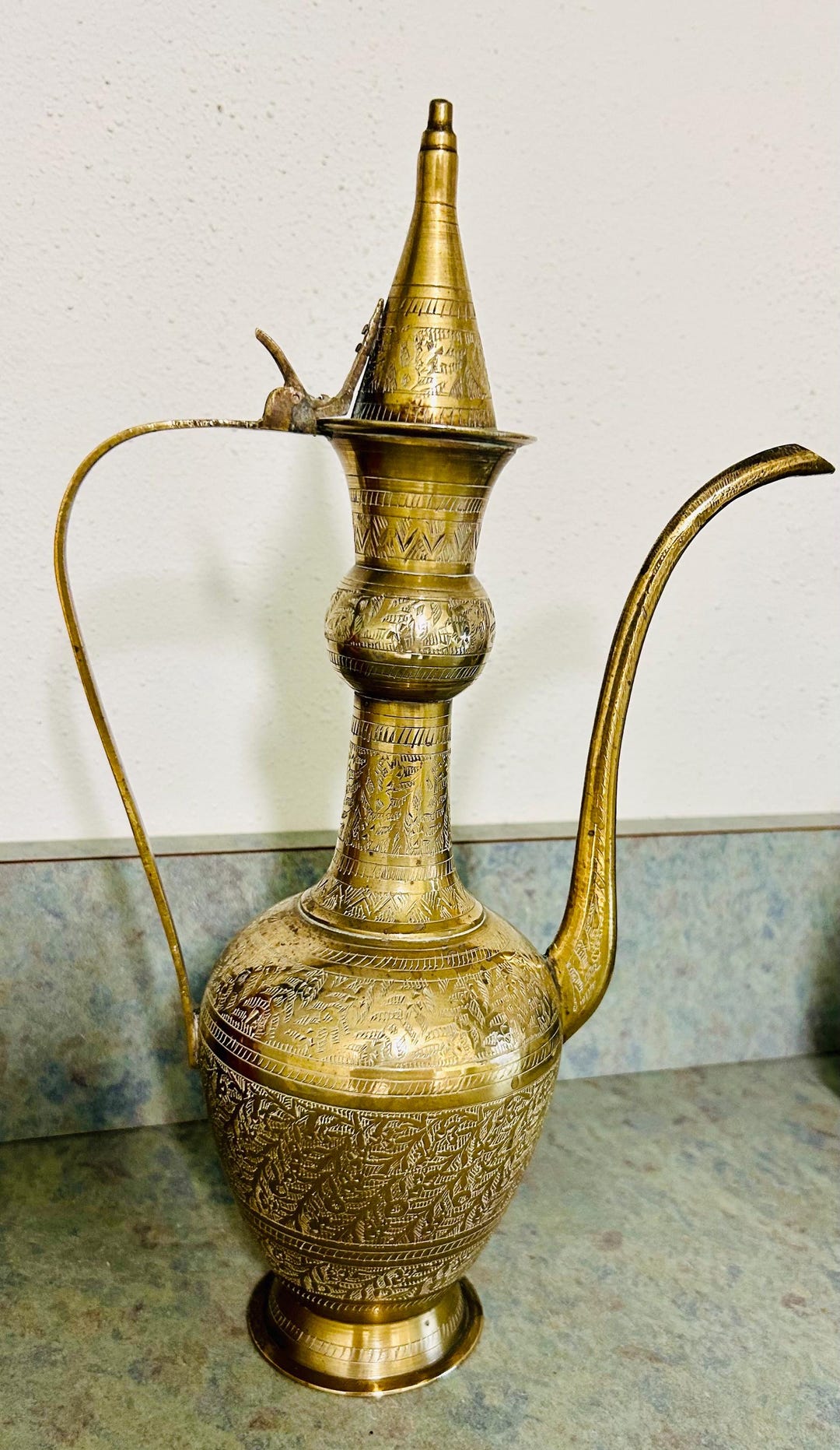 Vintage Etched Brass Oil Pot 13” - India - Etsy