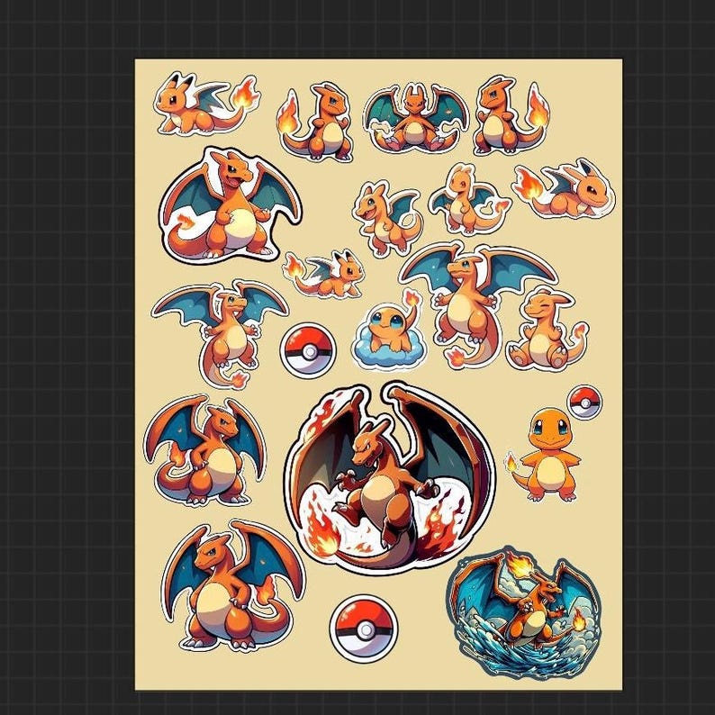 Charizard Inspired Pokemon Digital Download Sticker Sheet Poke Sticker ...