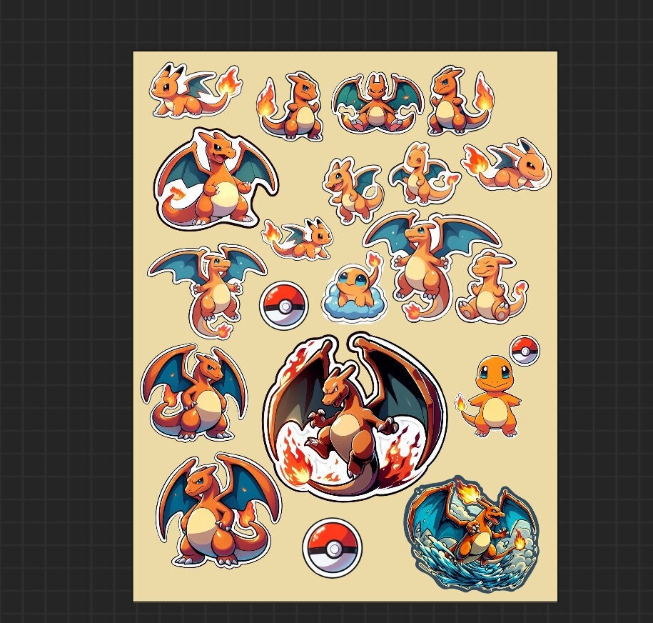 Charizard Inspired Pokemon Digital Download Sticker Sheet Poke Sticker ...