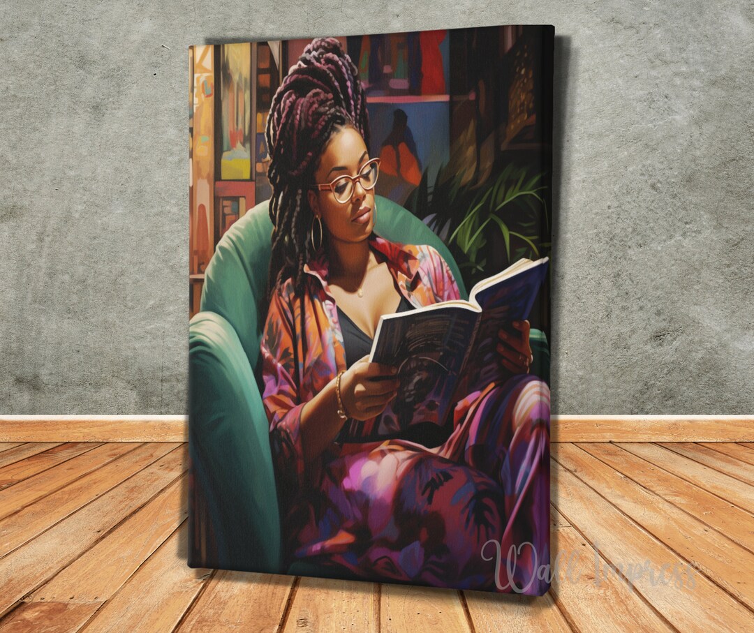Black Girl Reading African American Wall Art Canvas Woman Painting Afrocentric Love Yourself ...