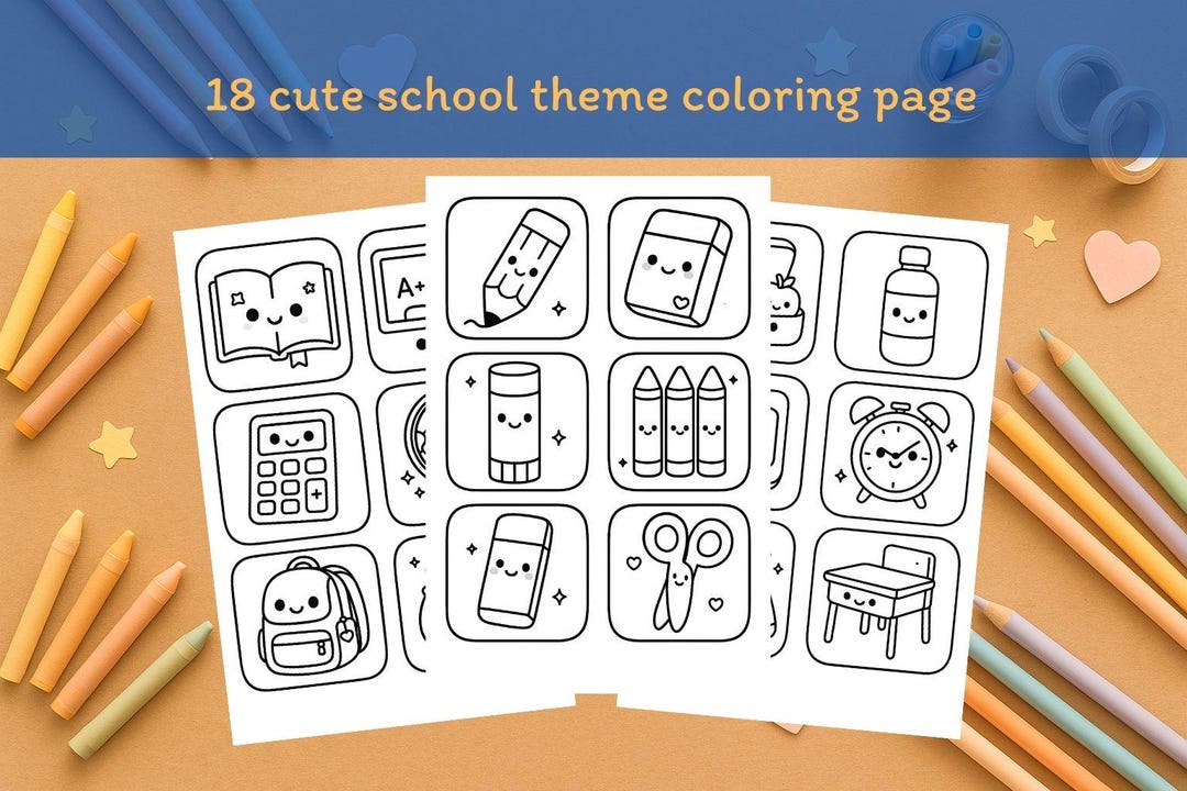 18 Cute School Theme Coloring Page Bundle - Etsy
