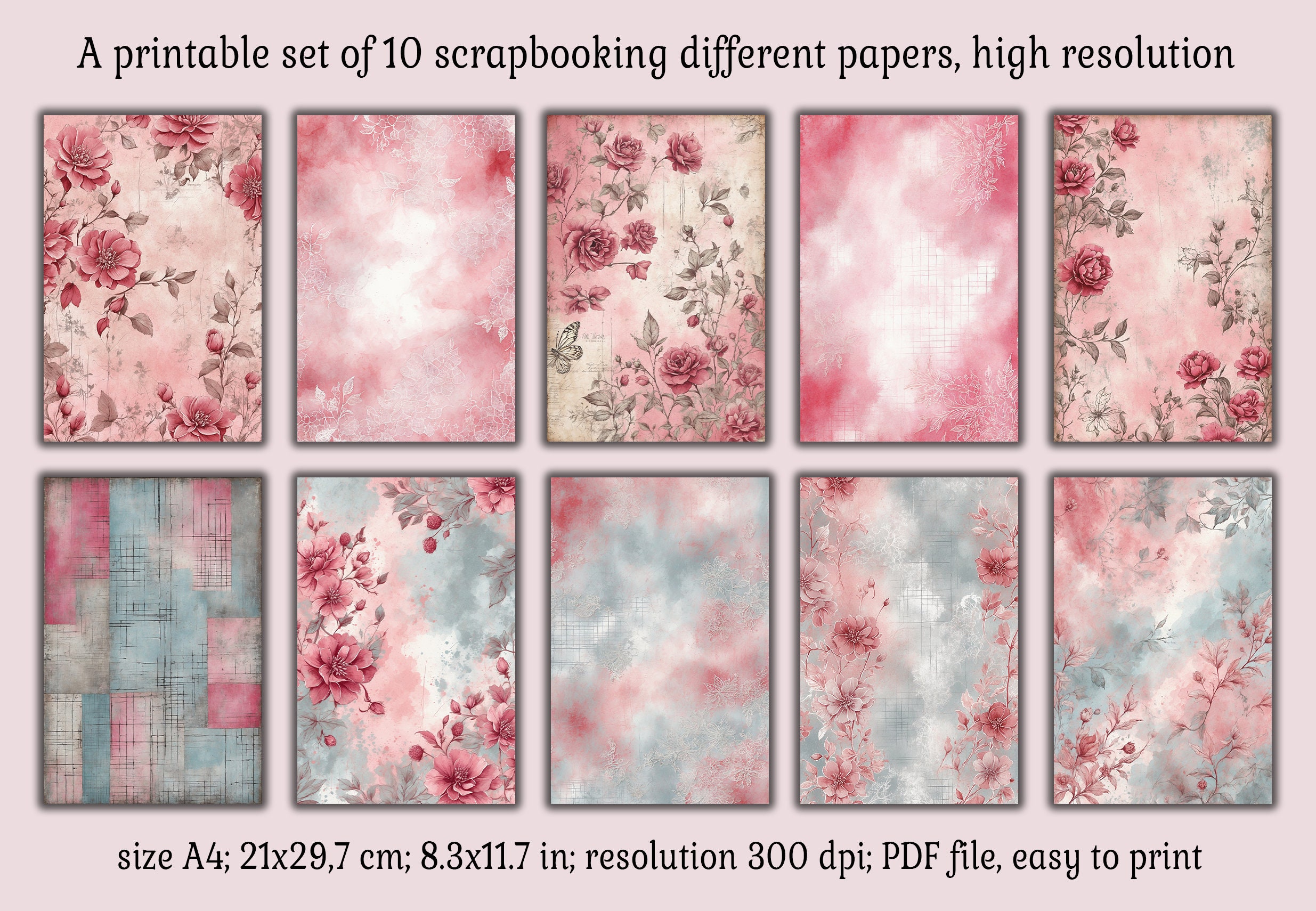 RASPBERRY VISION, a Printable Set of 10 Scrapbooking Papers, PDF to ...